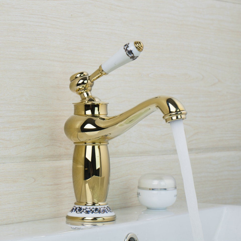 Golden&Ceramic Bathroom Sink Faucet Deck Mounted Basin Single Handle ...