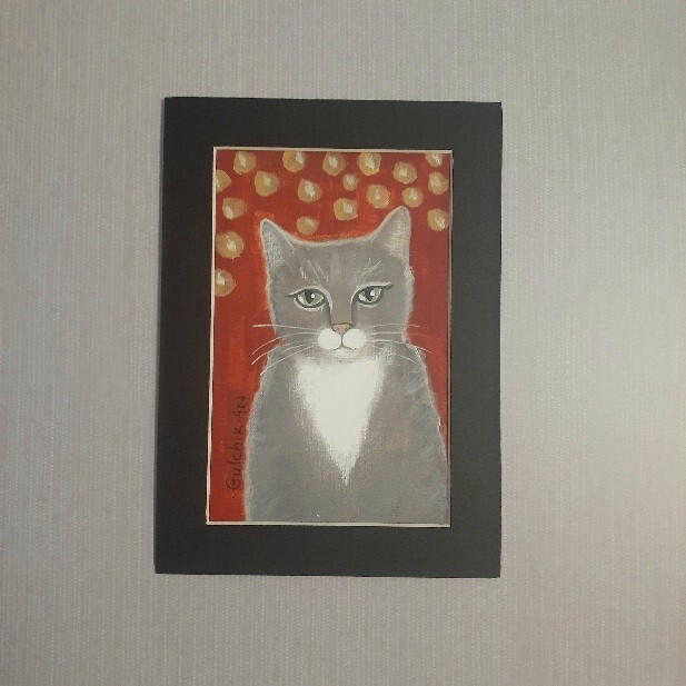 Gray Cat. Art print 3.5 x 5.5 inches on paper with a mat 5 x 7 ins. | eBay