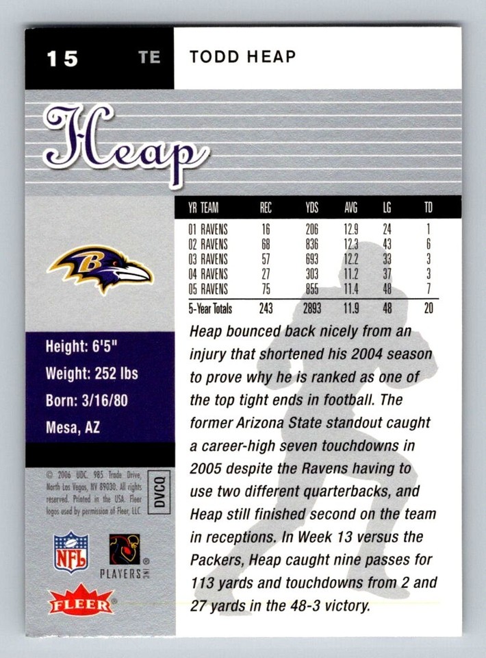 2006 Fleer Ultra Todd Heap #15 Baltimore Ravens | eBay