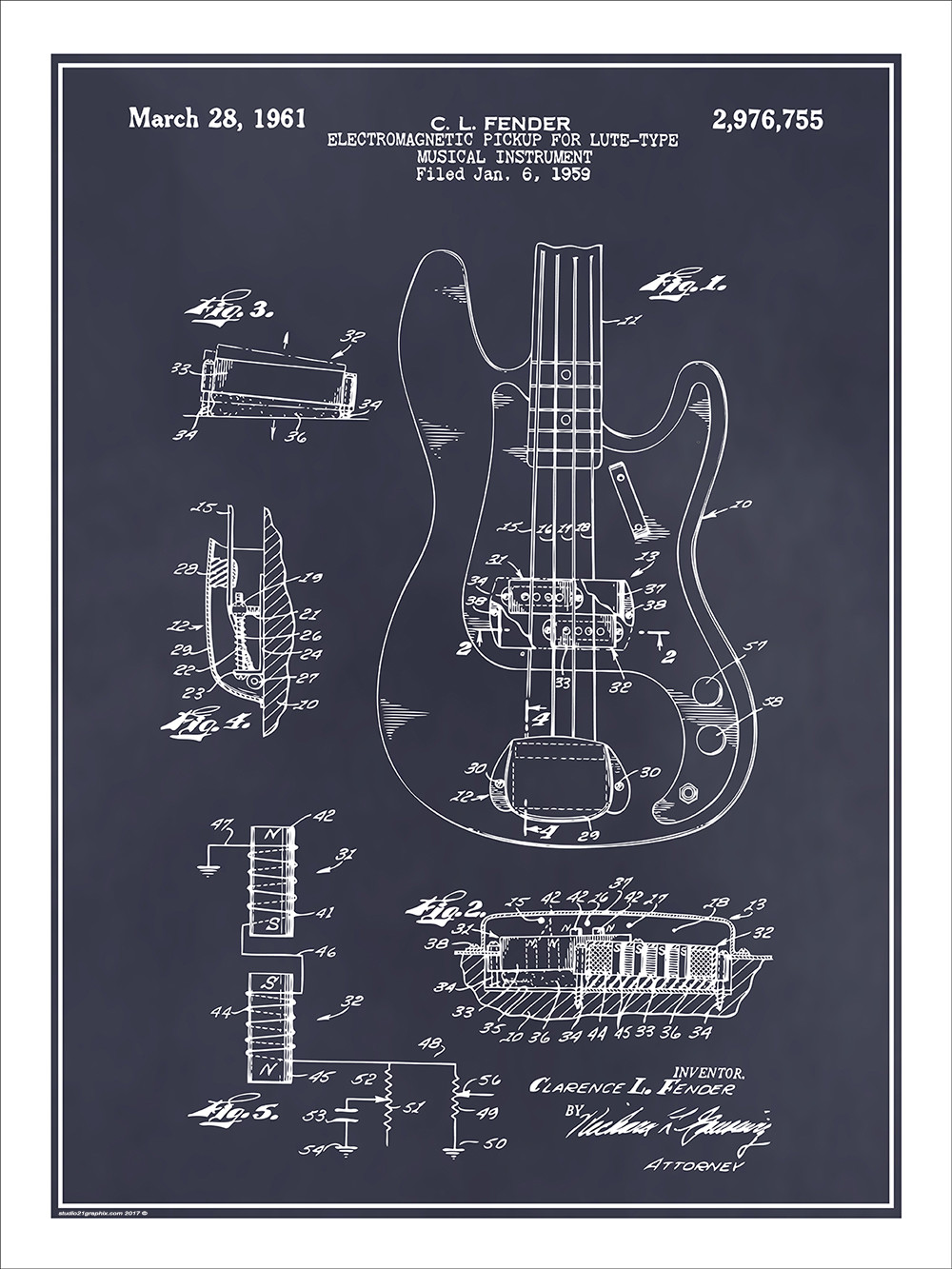 1959 Fender Precision Bass Patent Print Art Drawing Poster | eBay