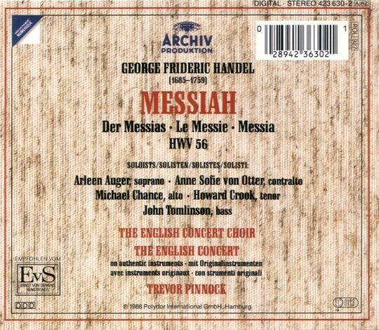 Handel Messiah TREVOR PINNOCK Archiv 2CD Box 423630-2 W.Germany Full ...
