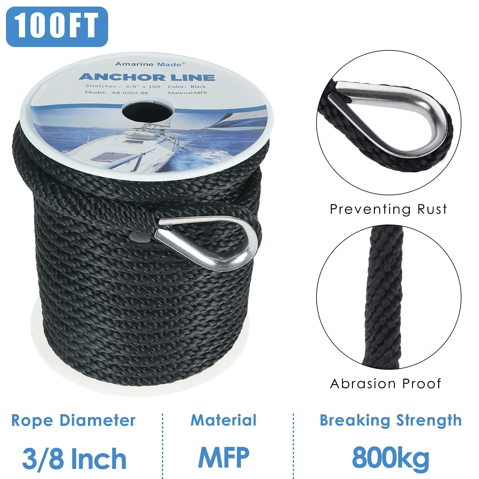 3/8 Inch 100FT Premium Solid Braid MFP Boat Anchor Rope/Line with ...
