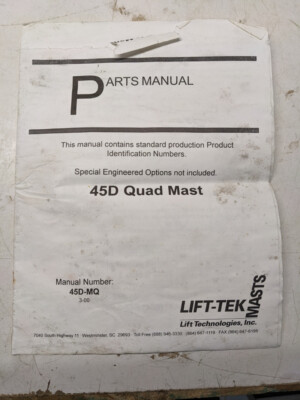 LIFT TEK MASTS 45D QUAD MAST PARTS LIST BOOK MANUAL 45D-MQ FORK LIFT ATTACHMENT | eBay