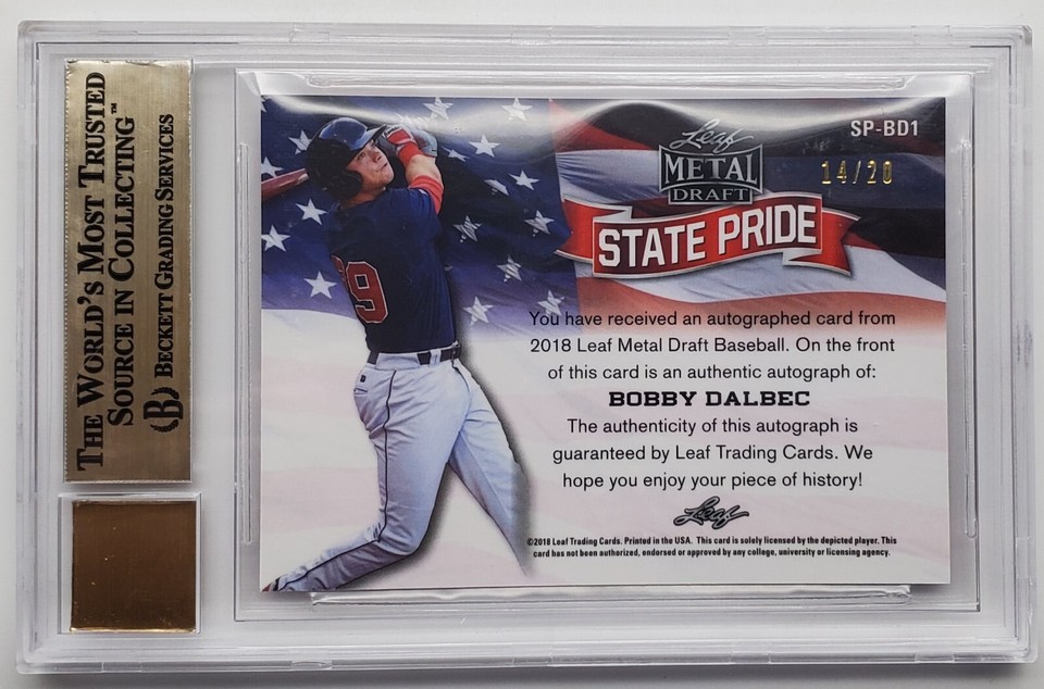 2018 Leaf Metal State Pride Bobby Dalbec Autograph RC BGS 9.5 w/ 10 ...