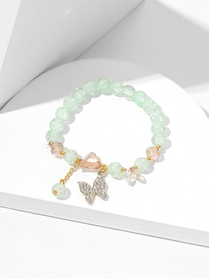 Pale Green Rhinestone Butterfly Charm Crystal Beaded Bracelet Stackable ...