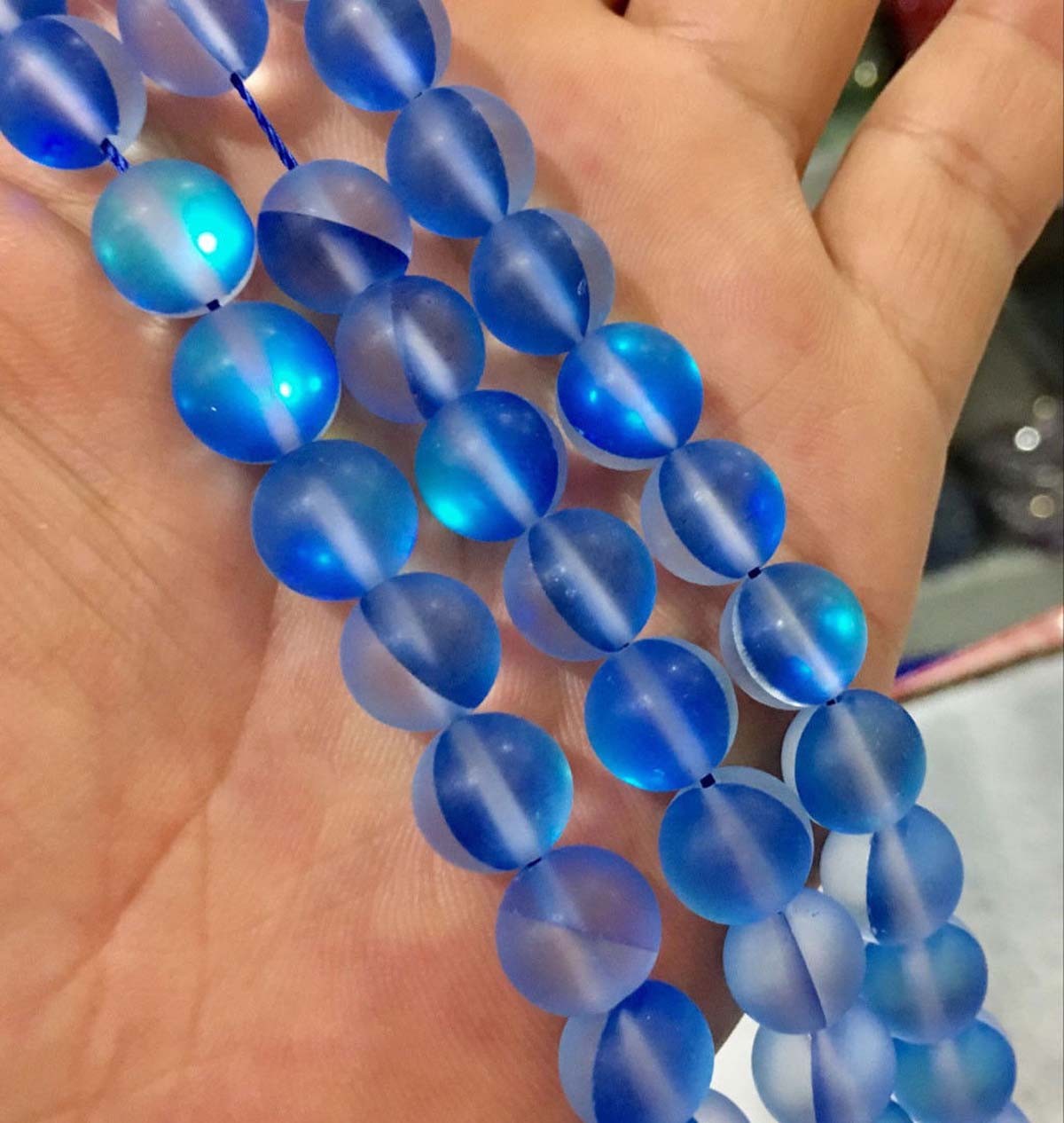 Natural 6/8/10mm BLUE Gleamy Rainbow Moonstone Round Gems Loose Beads ...