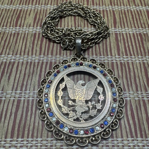Patriotic Eagle Crest Rhinestone Gold Tone Medallion Statement Pendant ...