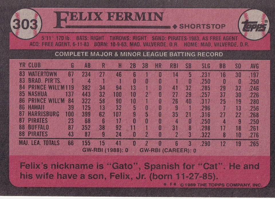1989 Topps #303 Felix Fermin MLB Pittsburgh Pirates + (Yes 3 Free ...