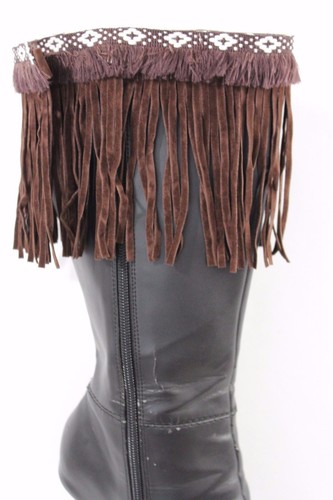 Women Western Brown Boot Topper Cover Faux Suede Leather Long Fringe ...