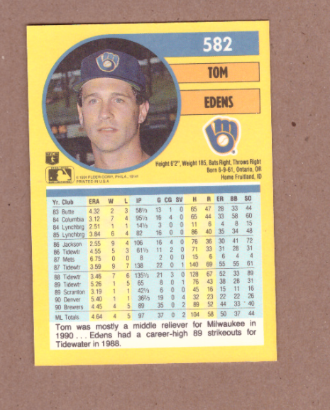 1991 Fleer Baseball Card #582 Tom Edens Brewers | eBay