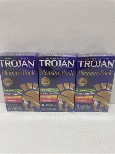 TROJAN Pleasure Pack Asst Condoms Lubricated Condoms 12 Ct, 3 Boxes EXP ...