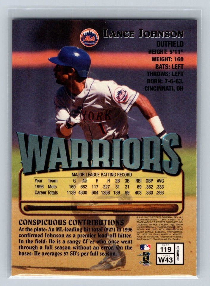 1997 Topps Finest Warriors Embossed Lance Johnson #119 New York Mets | eBay