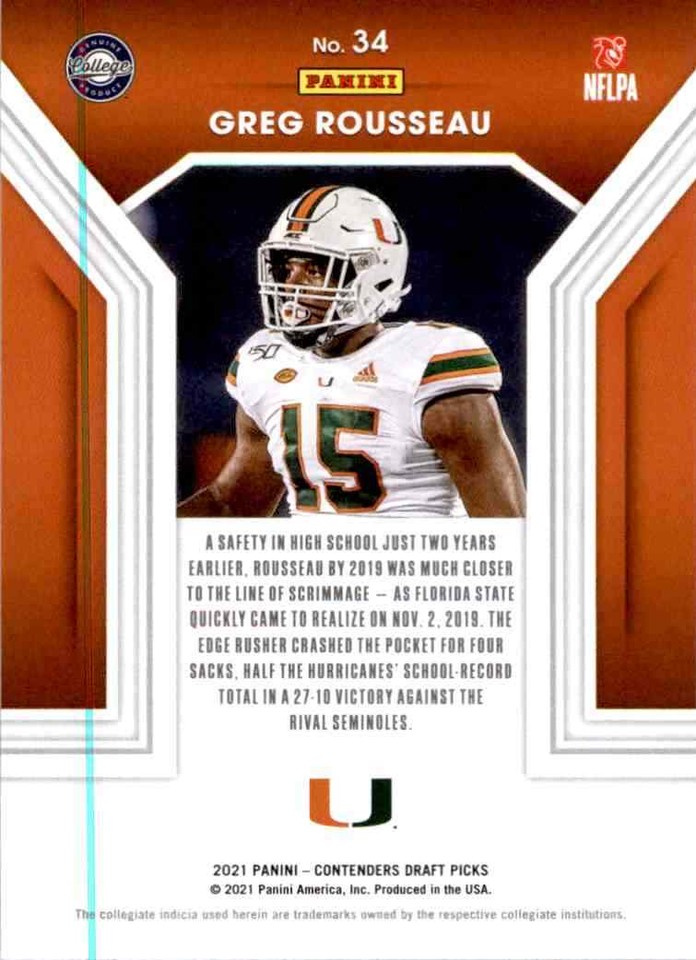 2021 Panini Contenders Draft Picks Greg Rousseau RC Miami Hurricanes ...
