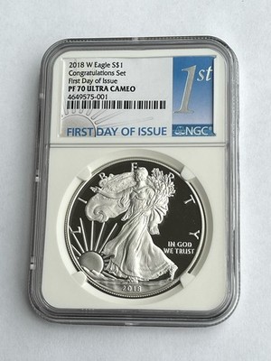 2018 W Proof Silver Eagle, Congratulations Set, FDOI, NGC PF 70 Ultra ...