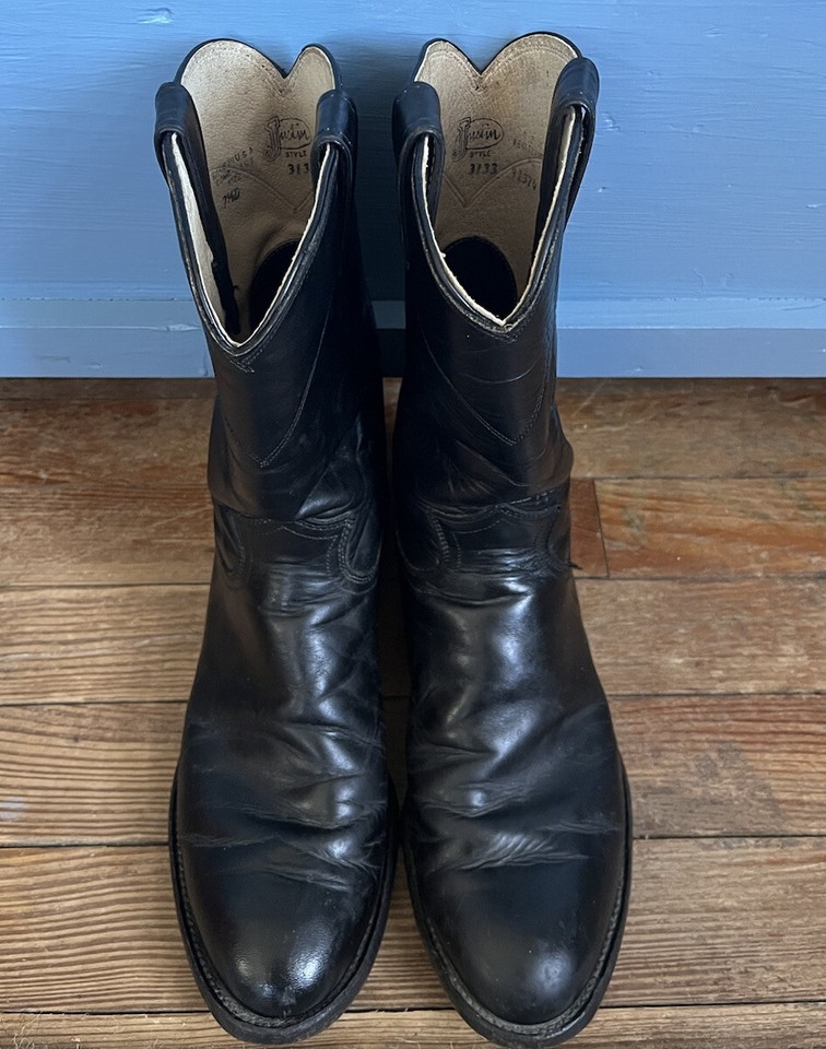 Justin Black Roper Boots 3133 Western Leather Ranch Wear USA Made Men's ...