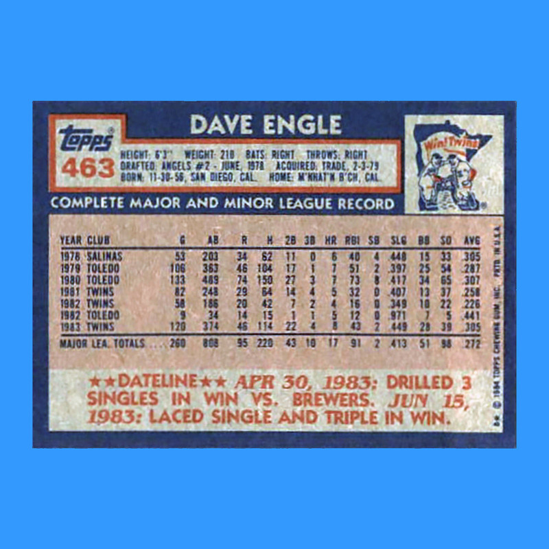 1984 Topps Baseball #463 - Dave Engle [Base] Minnesota Twins VG-EX | eBay