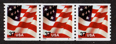 USA, SCOTT # 3631, COIL STRIP OF 3 PNC #S1111 YEAR 2002 FLAG WATER ...