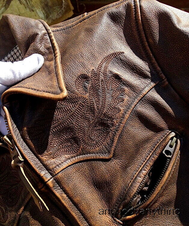 Mens Vintage Style Tea-core Calfskin Leather Jacket Embroidery Washed ...