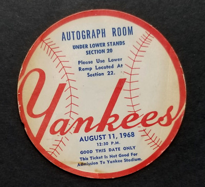 Yankees 1968 Autograph Room Pass Under Lower Stands SECTION 20 | eBay