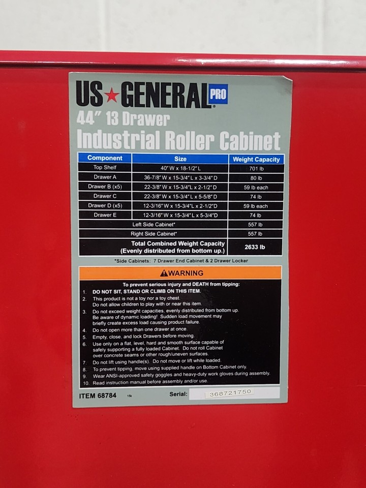 US GENERAL 44" 13 DRAWER INDUSTRIAL ROLLER CABINET 68784 | eBay