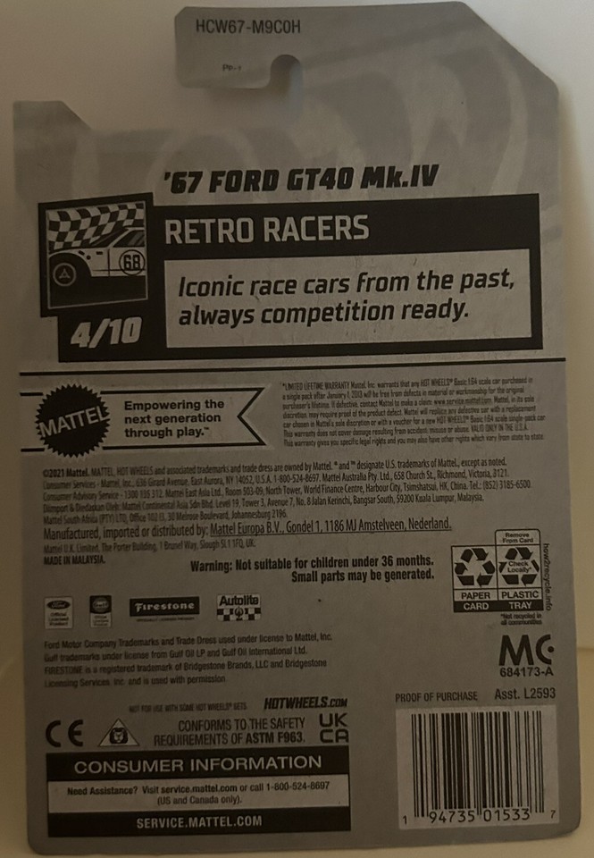 HOT WHEELS '67 Ford GT40 Mk.IV White Car Gulf Oil HW Retro Racers HCW67 ...