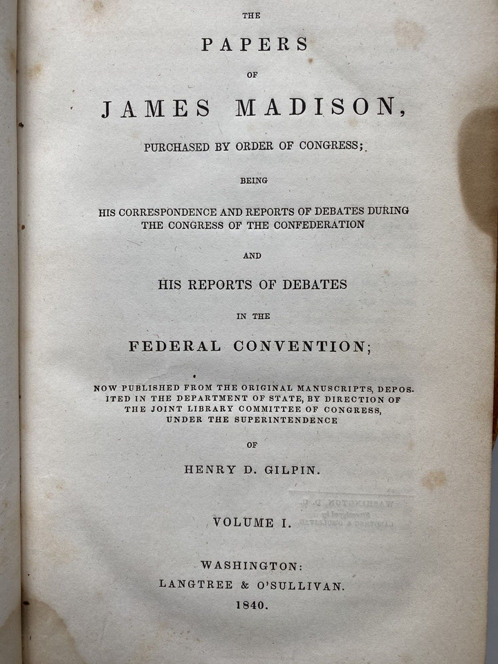 1840 Papers James Madison 1st Ed. 3 Vol Father U.S. Constitution ...