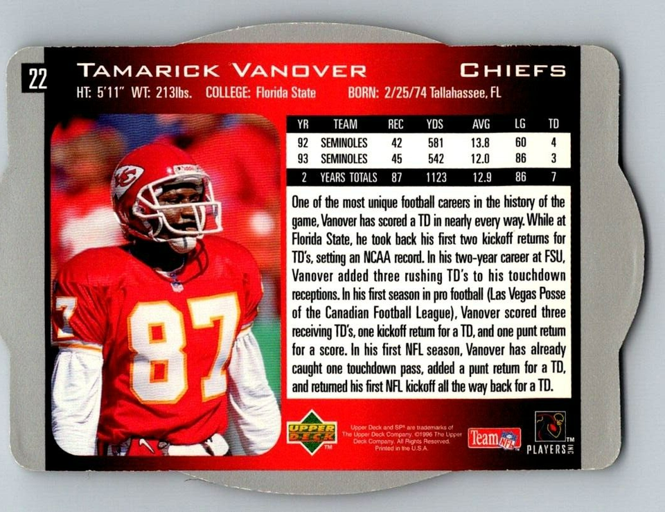 1995 NFL Upper Deck SPX Hologram Tamarick Vanover #22 Kansas City ...
