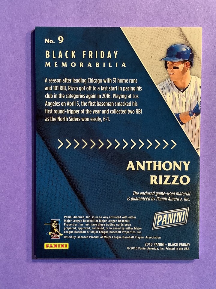 2016 Panini Black Friday Anthony Rizzo Memorabilia Card #9 Jersey Relic ...