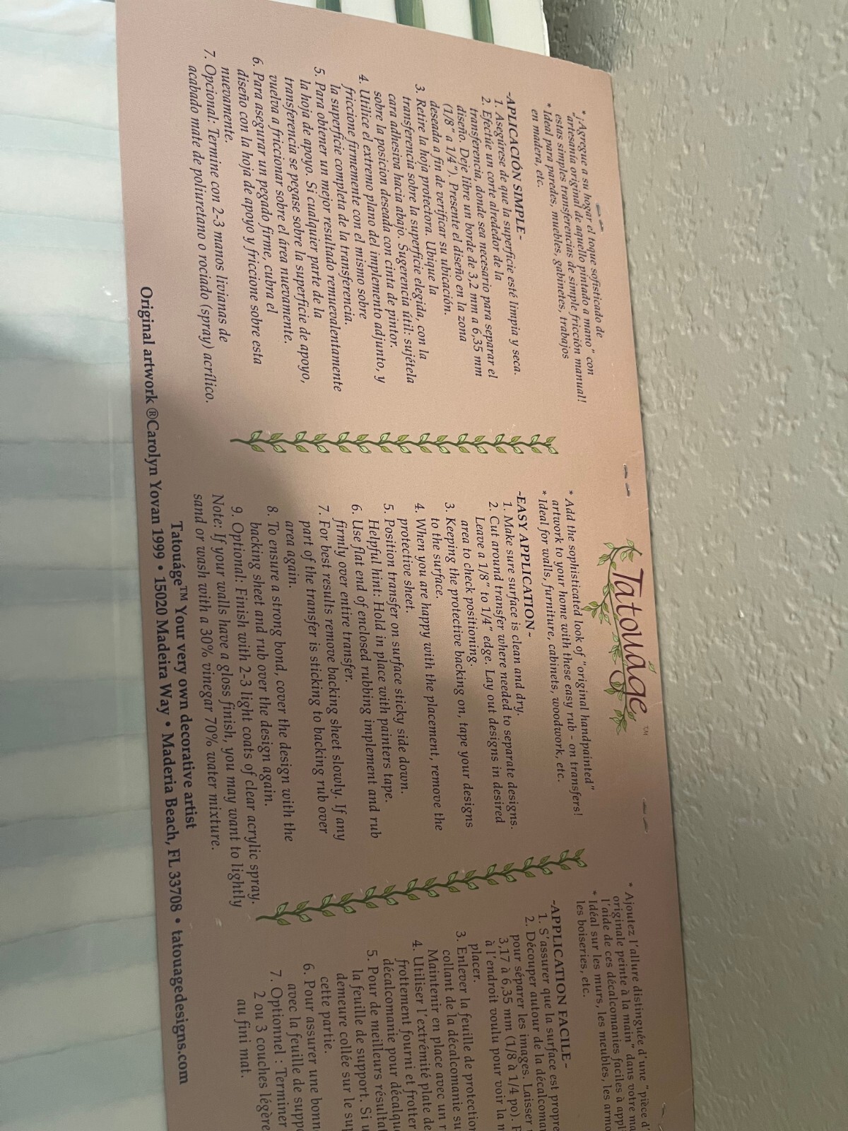 Tatouage Green Bamboo Dry Rub Transfers 24" x 15" 4 Sheets C Yovan NIP ...