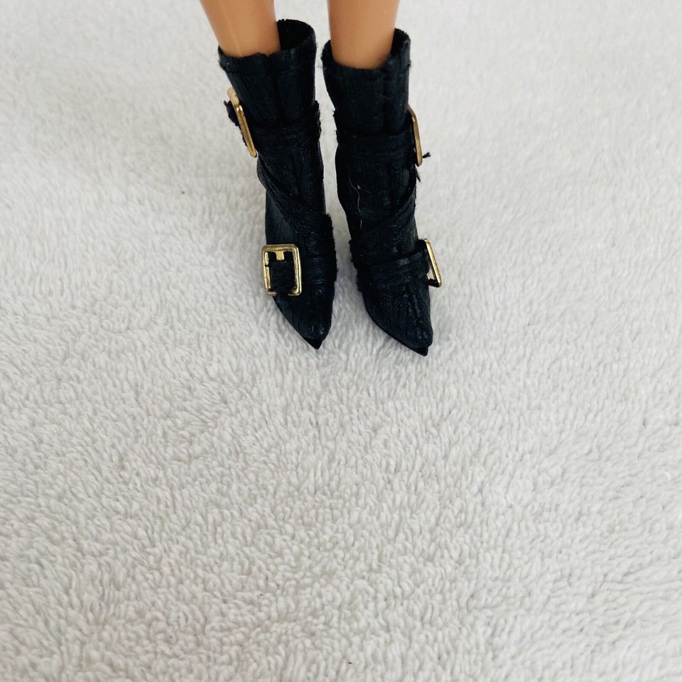 Faux Leather Black Barbie Doll Boots Spike heel Gold Buckles Model Muse ...
