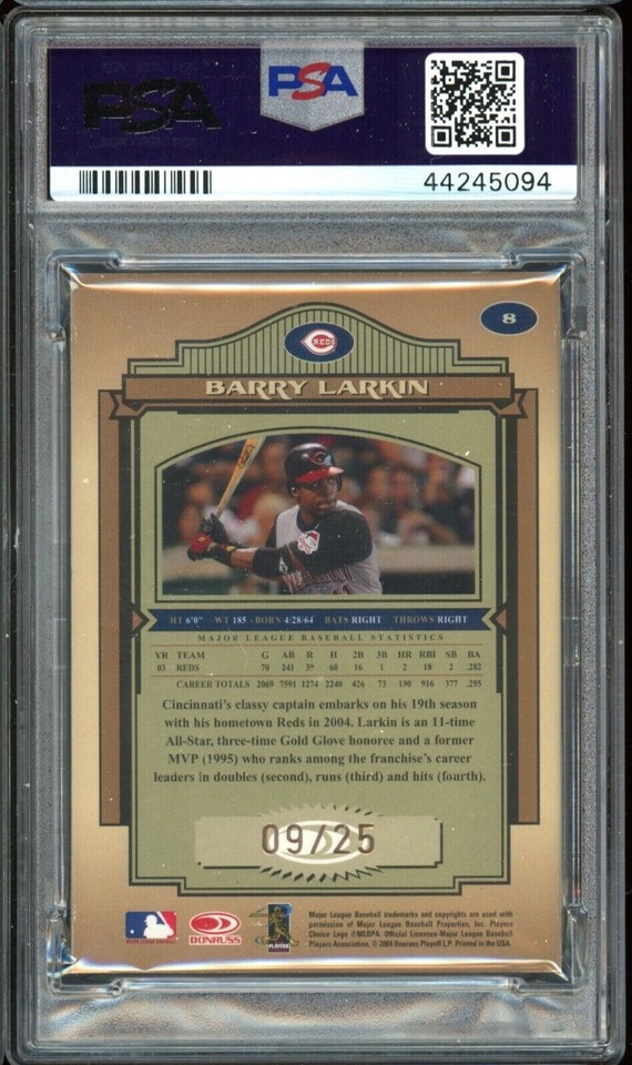 2004 Donruss Timeless Treasures BARRY LARKIN AUTO 9/25 PSA 8 💥ONLY 1 ON ...