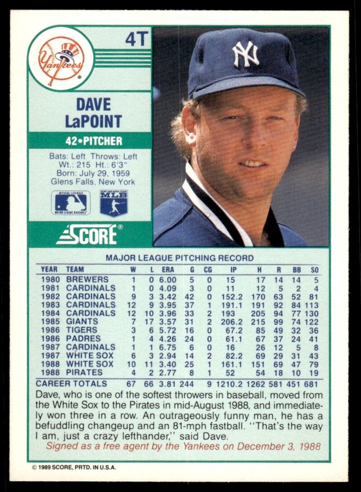 1989 Score Baseball Card Dave LaPoint New York Yankees #4T | eBay