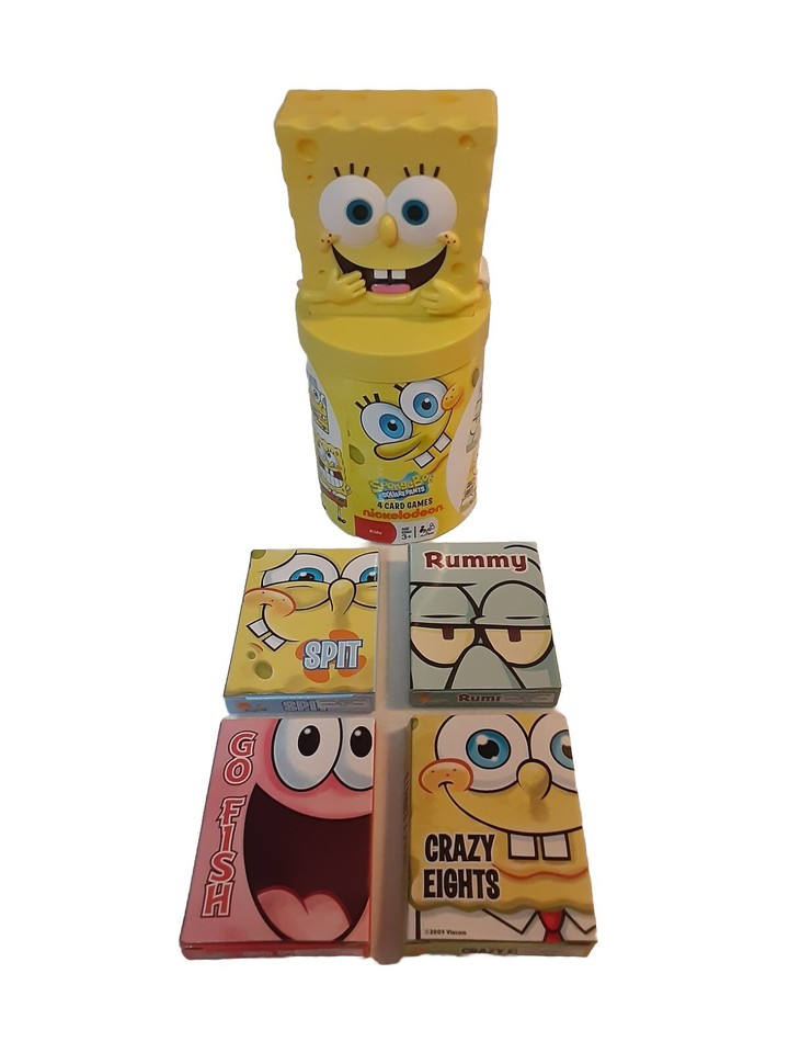 Spongebob Squarepants Canister 4 Card Game Set Rummy Spit Go Fish Crazy ...