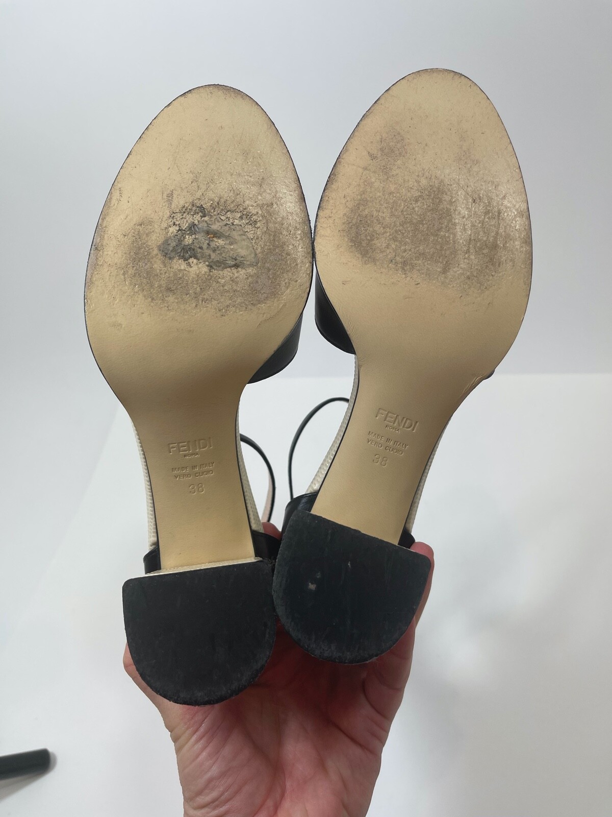 Fendi Laser Cut Leather Block Heel Ankle Strap Sandal… - Gem