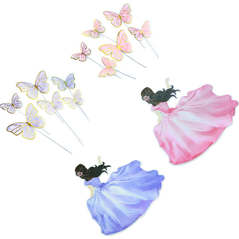 7Pcs Girl Butterflies Cake Toppers Cake Flags Gold Foil Birthday Baking ...