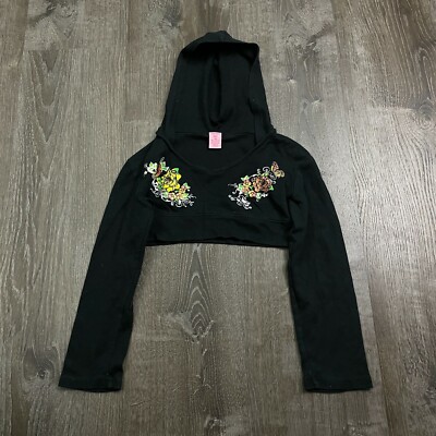 Copper Key Girls Black Long Sleeve Cropped Hooded Sweater Floral Size ...