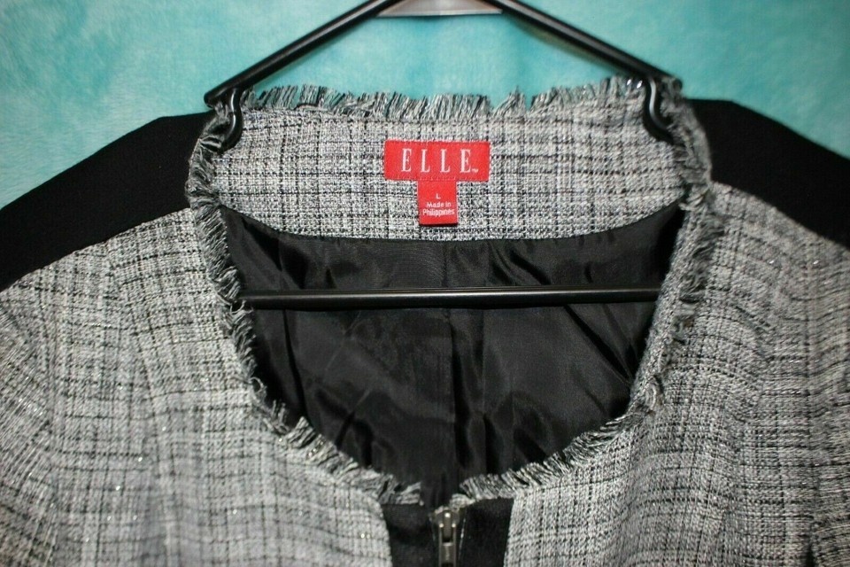 Elle ♈Woman's Woven zip up Fringed Jacket size L~black/gray/silver | eBay