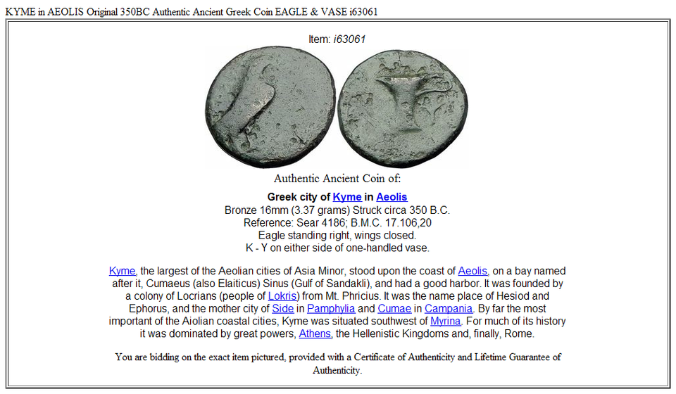 KYME in AEOLIS Original 350BC Authentic Ancient Greek Coin EAGLE & VASE ...