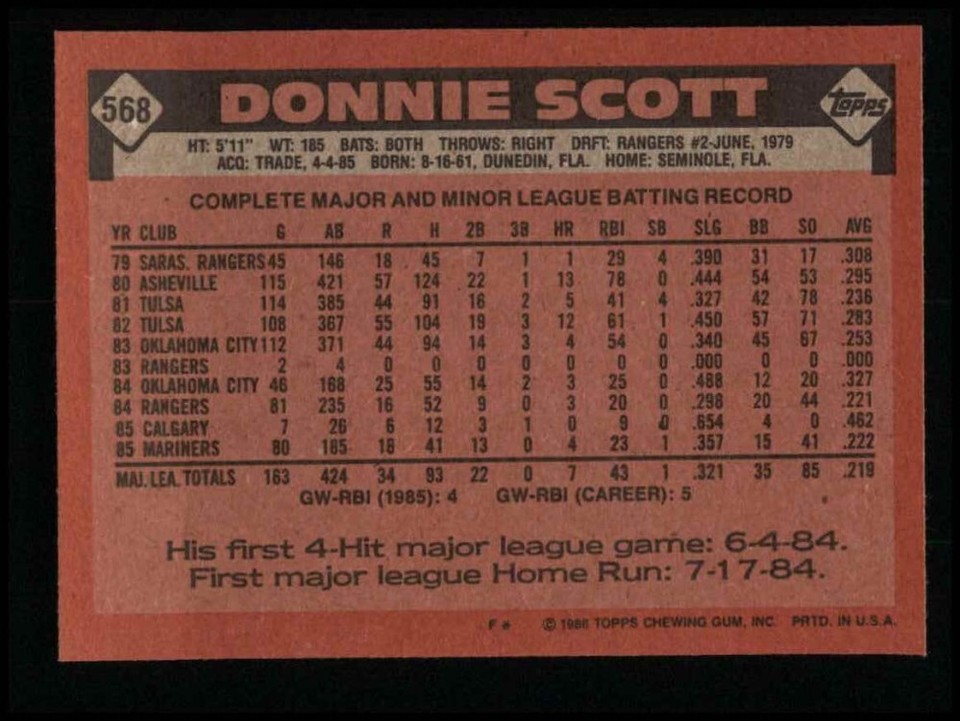 1986 Topps #568 Donnie Scott Mariners 8 - NM/MT | eBay