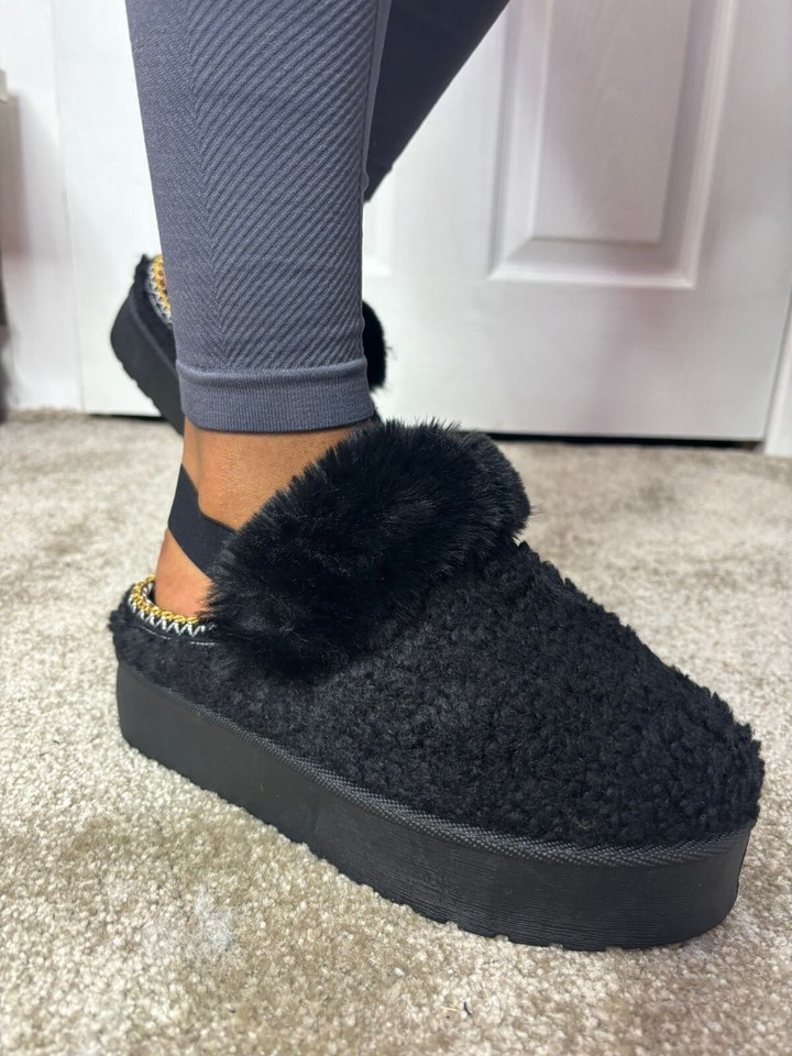 WOMENS LADIES COMFY FLUFFY FAUX FUR PLATFORM SLIPPERS MULES SHOES SIZE ...