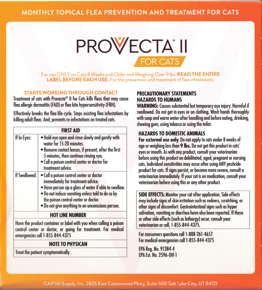 Provecta II Flea Treatment for Large Cats Over 9 Lbs., 4 Monthly Doses ...