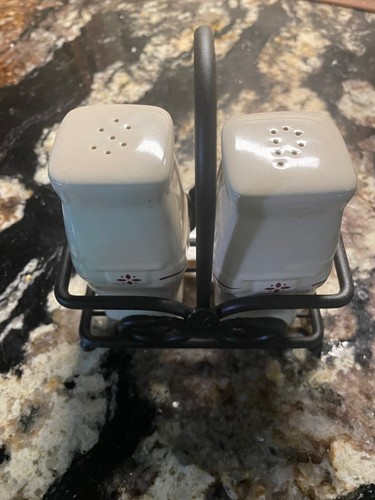 Longaberger Woven Traditions RED Salt Pepper Shakers Wrought Iron Caddy ...