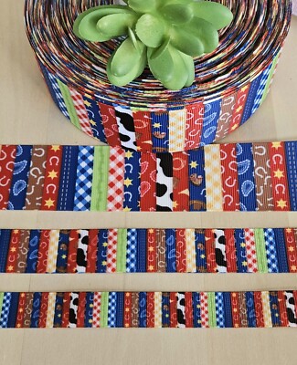 5/8, 7/8 & 1.5" (1 YD) Cowboy Patterned Grosgrain Ribbon Rodeo Cowgirl ...