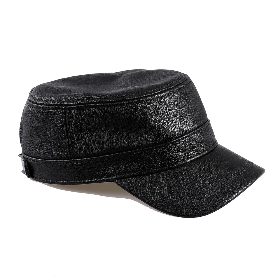 Men's Flat Top Cap Real Sheepskin Leather Military Style Caps Cadet ...