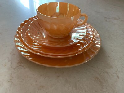 Vtg 5 Piece Place Set Termocrisa Mexico Carnival Swirl Iridescent Peach ...