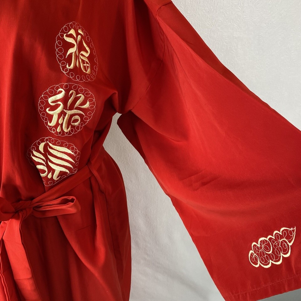 Bright Red Silk Long Kimono Robe sz XL with Gold Embroidered Dragon ...