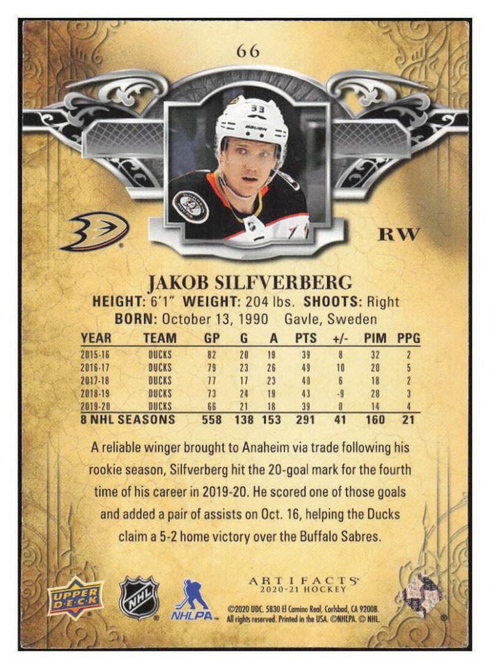 JAKOB SILFVERBERG 2020-21 Upper Deck Artifacts #66 NHL Ducks ID:80807 ...