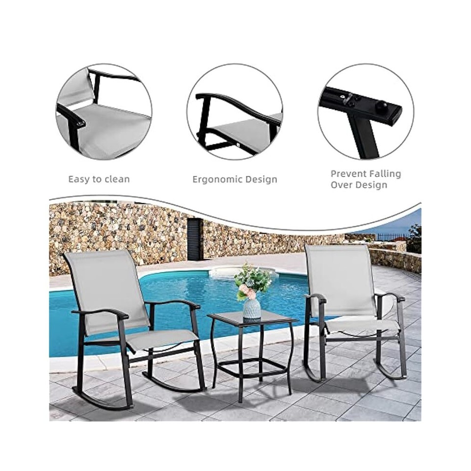 Small Patio Rocking Chairs & Table Set, Textilene Fabric, Outdoor ...