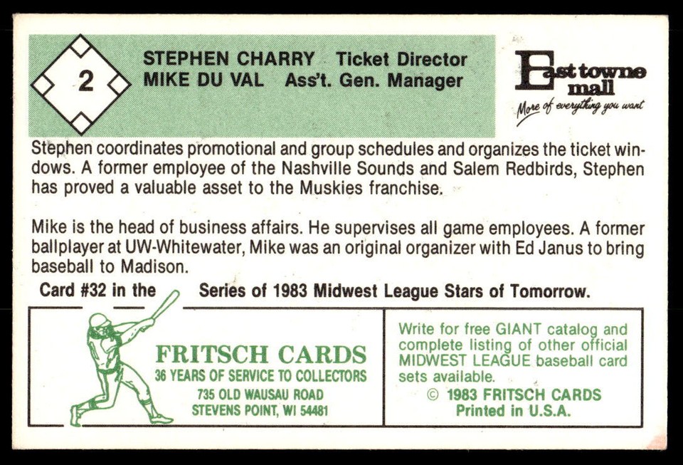 1983 Fritsch Madison Muskies 2 Stephen Charry / Mike DuVal GM Baseball ...