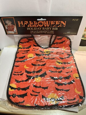 Vintage Halloween Baby Bib NEW SEALED Orange Black Bats Yellow Moon 90s ...